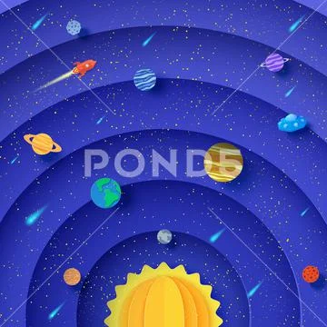 Solar system model in paper cut style. Round layers galaxy space with ...