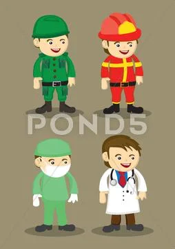 Soldier Firefighter Surgeon and Doctor Vector Illustration: Graphic ...