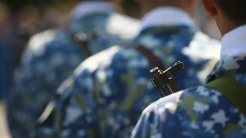 Soldiers in blue camouflage uniforms | Stock Video | Pond5