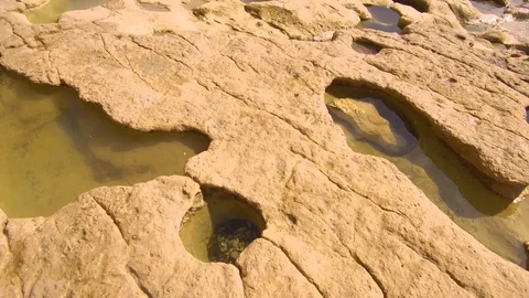 The solid rock beach worn by ages of ero... | Stock Video | Pond5