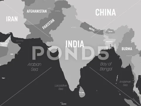 South Asia map - grey colored on dark background. High detailed ...