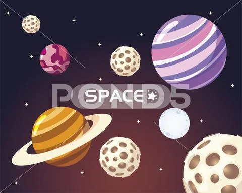 Space galaxy solar system moon planets and stars cartoon Illustration ...