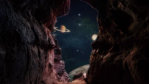 Space Planets View Inside Rock Cave Zoom... | Stock Video | Pond5