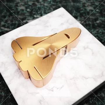 Space Shuttle icon. Bronze Space Shuttle symbol on white marble podium ...