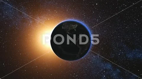 Space view on Planet Earth and Sun Star rotating Stock Photo #112714880