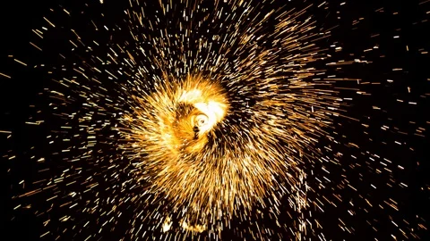 Sparks spinning in a fireworks wheel on ... | Stock Video | Pond5
