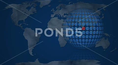 Sphere of @ signs with reflections on the floor - world map background ...