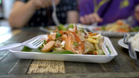 Spicy seafood and noodle and sausage sal... | Stock Video | Pond5