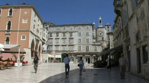 Split medieval buildings around a plaza | Stock Video | Pond5