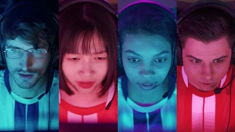 Split screen, portrait of a focused game... | Stock Video | Pond5