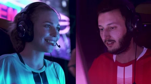 Split screen, portraits of a focused gam... | Stock Video | Pond5