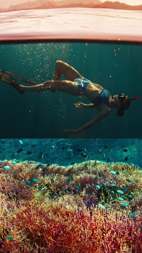 Split screen with woman freediver relaxi... | Stock Video | Pond5