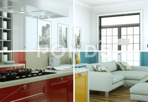 Splitted color variations of a modern loft interior design: Royalty ...