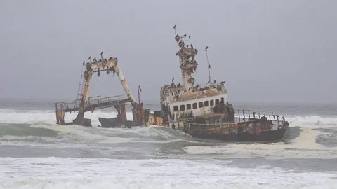 A spooky shipwreck grounded fishing traw... | Stock Video | Pond5
