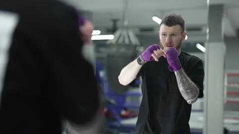 Sports male boxer during training in the... | Stock Video | Pond5