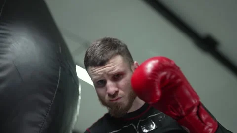 Sports male boxer during training in the... | Stock Video | Pond5