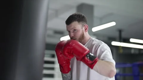 Sports male boxer during training in the... | Stock Video | Pond5