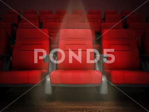 Spotlit red cinema chair in the first row. 3D illustration: Royalty ...