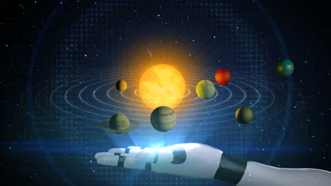 Spread solar system on robot hands, spac... | Stock Video | Pond5