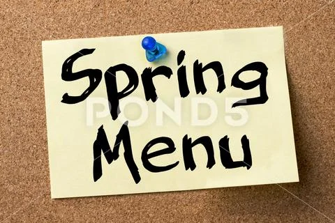 Spring Menu - adhesive label pinned on bulletin board Stock Photo #72444975