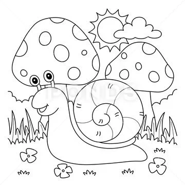 Spring Snail with Mushroom Coloring Page for Kids ~ Clip Art #231067215