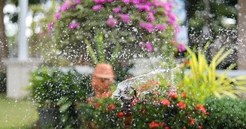 sprinkler splashing water in garden | Stock Video | Pond5
