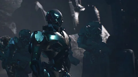 A squad of robot soldiers attack a space... | Stock Video | Pond5