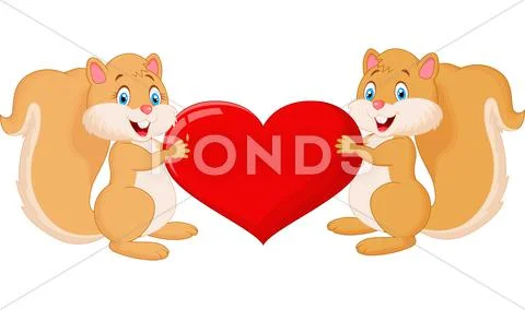 Squirrel couple cartoon holding red heart: Graphic #42799393