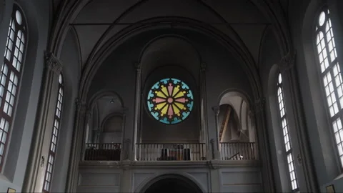 Stained glass round window inside church... | Stock Video | Pond5