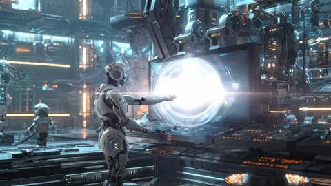 A Standing Robot Controling Computer Scr... | Stock Video | Pond5