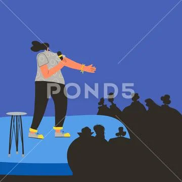 Standup show. Female comic performing on a stage. Comedian. Vector flat ...