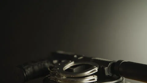 Static shot of Handcuffs And Gun placed ... | Stock Video | Pond5