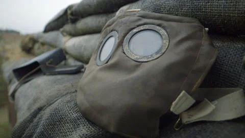 Static shot of WWI gas mask in a WWI tre... | Stock Video | Pond5
