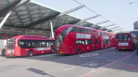 Station full of London buses parked-up. ... | Stock Video | Pond5