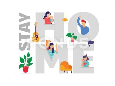 Stay at home, concept design. Different types of people look out and ...