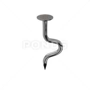 Steel nail. Bent form. Isolated on white background. 3D rendering ...