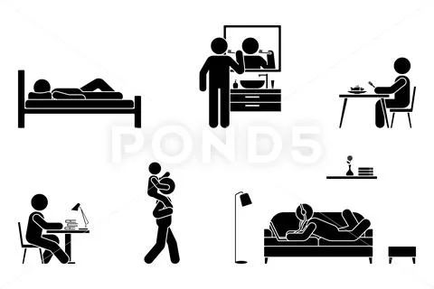 Stick figure man everyday life time activities vector icon set. Sleep ...