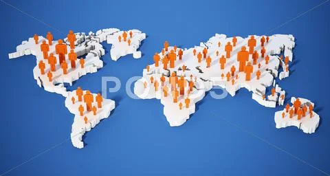 Stick figures standing on world map. 3d illustration: Graphic #68314689