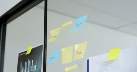 Sticky notes and chart on glass board 4k | Stock Video | Pond5