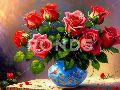 Still life roses flowers in vase. bouquet of red pink roses over wooden ...