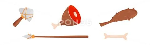 Stone Age Objects with Club, Spear, Meat and Bone Vector Set: Graphic ...