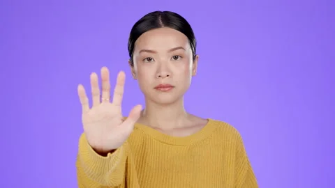 Stop, hands and face of Asian woman in s... | Stock Video | Pond5