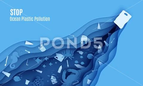 Stop ocean plastic pollution banner design template in paper cut style ...