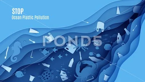 Stop ocean plastic pollution banner design template in paper cut style ...