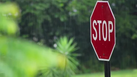 Stop Sign In The Rain As Car Passes By. | Stock Video | Pond5