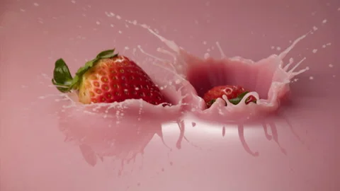 Strawberry falling in milkshake and spla... | Stock Video | Pond5