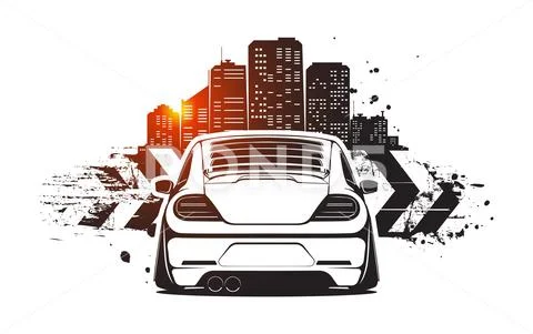Street racing car. Grunge urban racing design with stylized city ...