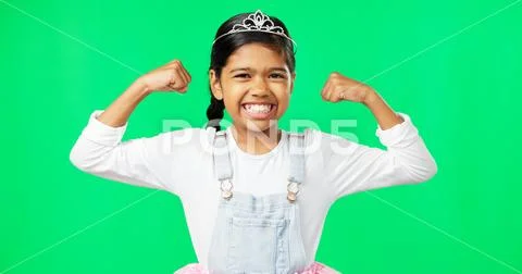 Strong, muscle flex and girl on green screen with flexing arms pose for ...