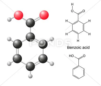 Structural chemical formulas and model of benzoic acid molecule ...