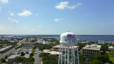 Stuart water tower pull out drone to rev... | Stock Video | Pond5